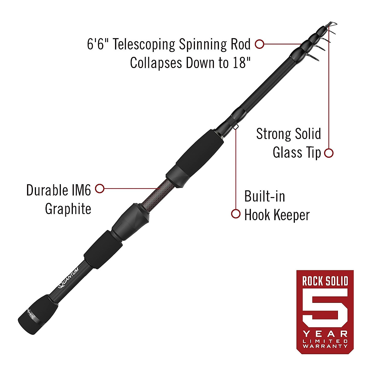 Quantum Embark Telescopic Spinning Fishing Rod, 18-Inches to 6-Foot 6-Inch Telescopic Fishing Pole, IM6 Graphite Fishing Pole, Moderate Action, Medium Power, Split-Grip EVA Handle, Black