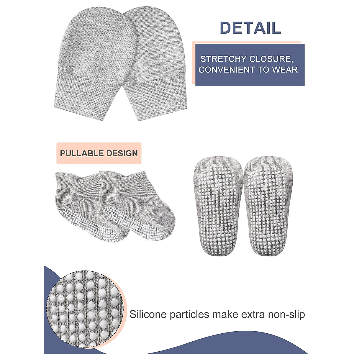 Baby Hats Newborn Knot Beanie No Scratch Mitten Non-Slip Sock for Boys and Girls (White, Gray, Black, Blue, Navy Blue,5 Sets)