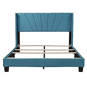Prohon Bed Frame Queen Size with Velvet Wingback Headboard, Upholstered Platform Bed Box Spring Needed, Silent Design Comfort Bedframe w/Strong Wood Slats Support, Easy to Install, Blue