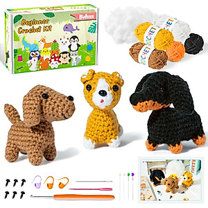 BWkoss Crochet Kit for Beginners, Cute Animal Dog Crochet Starter Kit Dachshund Golden Retriever Welsh Corgi DIY Yarn Knitting Craft Supplies with Step-by-Step Video Tutorials for Knitting Enthusiast