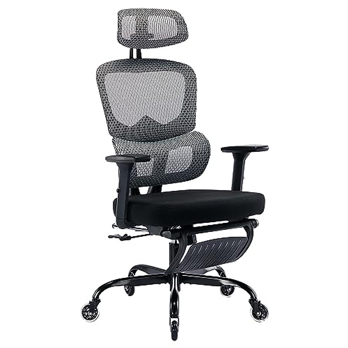 Ergonomic Office Chair with Foot Rest, Rubber Wheels Desk Chair with Lumbar Support, Adjustable Headrest & 3D Armrest, Mesh Computer Chair for Adults, Reclining Home Office Chair BlackGray