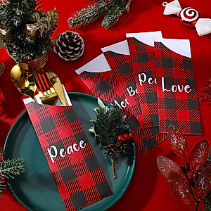 100 Pcs Christmas Silverware Bags Disposable Christmas Utensil Cutlery Holder Paper Xmas Flatware Tableware Holder Bags for Christmas Home Wedding Party Table Decorations, 4 Styles (Buffalo Plaid)