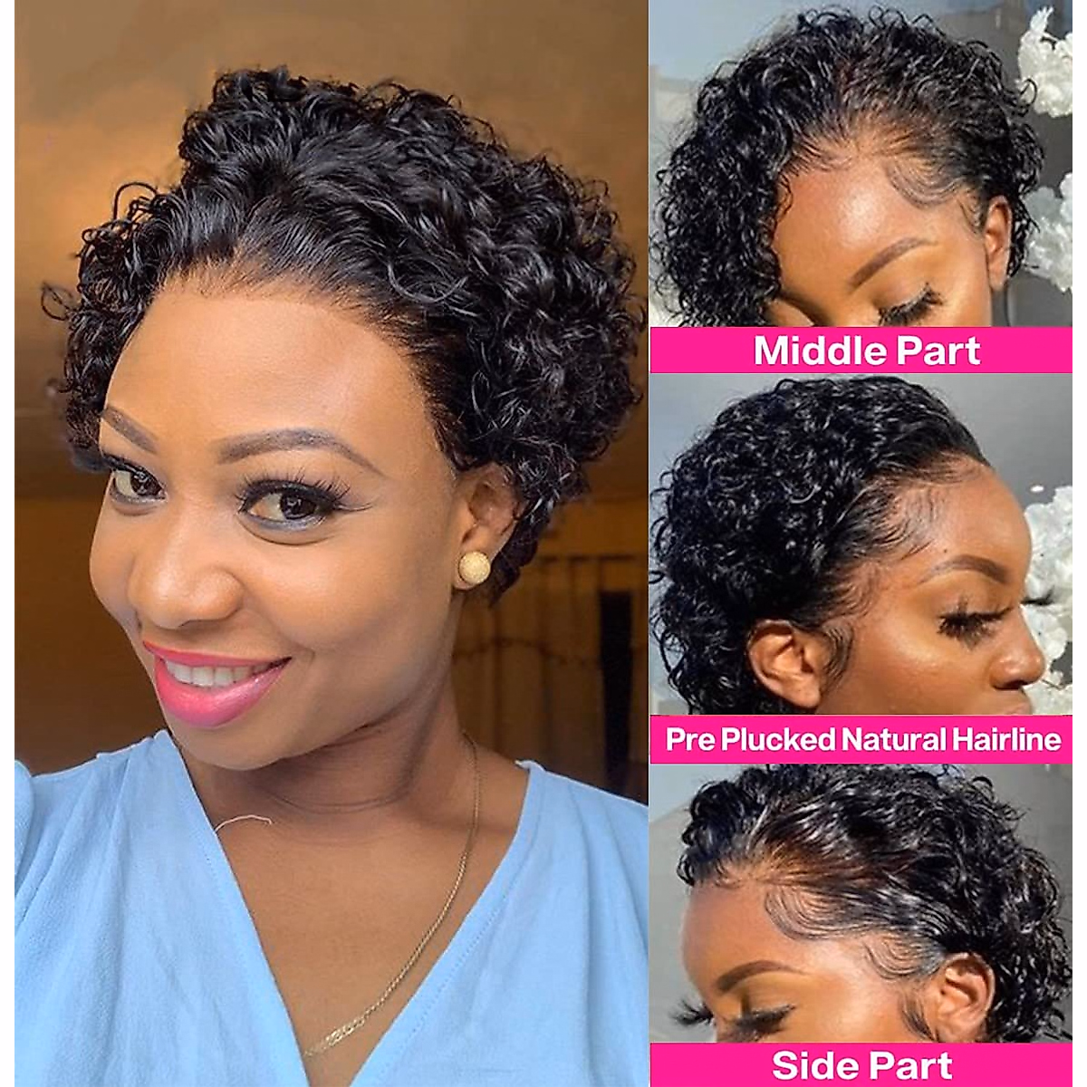 Short Curly Human Hair Wigs Pixie Cut Bob Glueless Wigs Front for Black Women with Baby Hair, 13x1 Lace 180% Density Pre Plucked HD