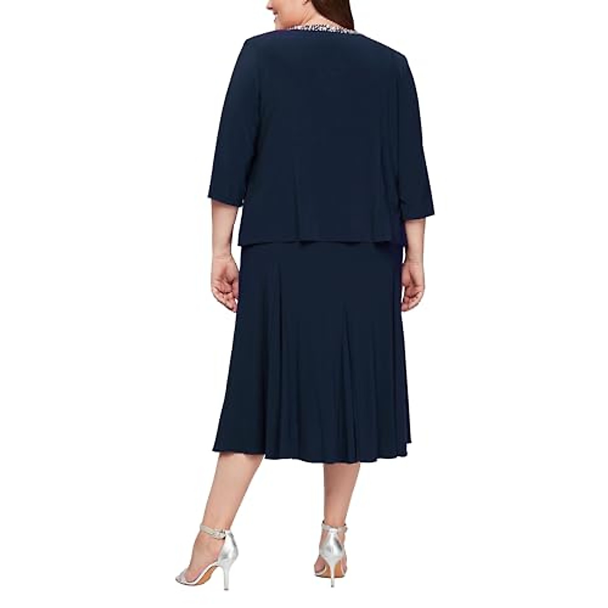 Alex Evenings womens Plus-size Tea Length Jacket With Sequin Beaded Trim Special Occasion Dress, Navy, 16 Plus