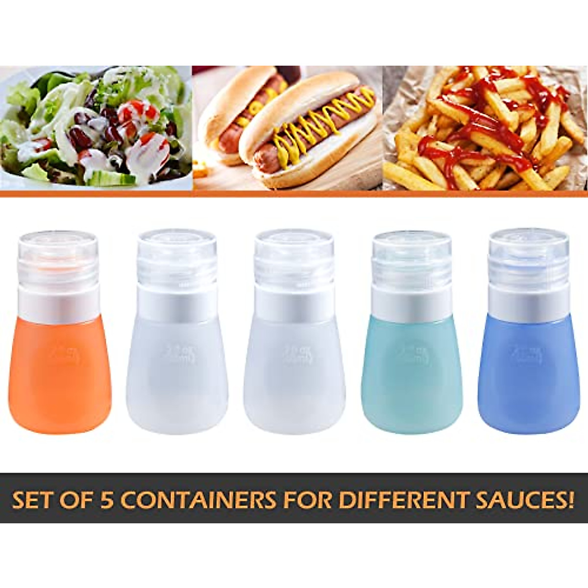 Webake 2oz Salad Dressing Container to Go, 5 Pack Condiment Squeeze Bottles Silicone Sauce Bottles with 2pcs Cleaning Brush, Leak Proof Mini Travel Containers