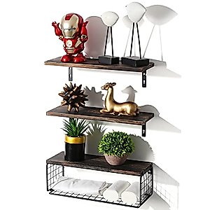 Floating Shelf ,Floating Shelves Wall Mounted Set of 3 ,Solid Wood Floating Shelves with Brackets and Basket Set,Rustic Wood Wall Shelves for Kitchen Living Room,Bedroom Shelves,Bathroom Shelf (Black)