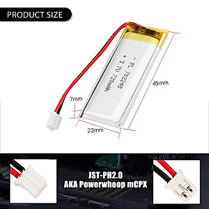AKZYTUE 3.7V 720mAh 702248 Lipo battery Rechargeable Lithium Polymer ion Battery Pack with PH2.0mm JST Connector
