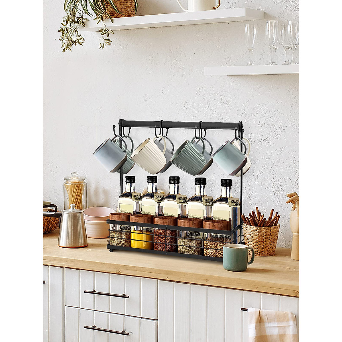Biggun Coffee Mug Holder with Removable Hooks - Metal 8 Mugs Coffee Cup Holder Storage Organizer for Counter, Large Mug Display Rack Stand for Coffee Bar Kitchen Countertop