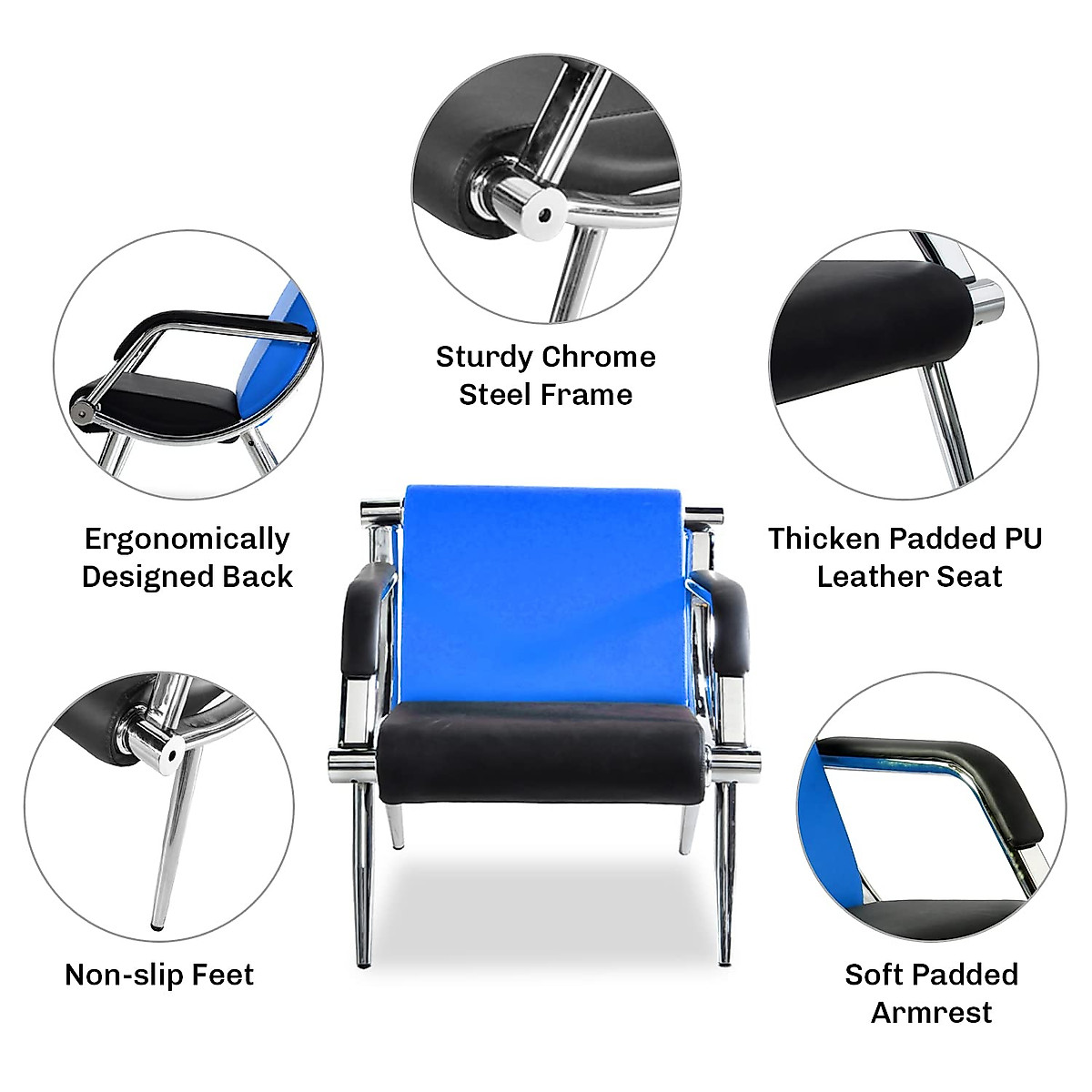 Waiting Room Chair with Armrest 1 Seat Blue Black PU Leather Office Furniture Guest Seating Lobby Conference Reception Chair Visitor Guest Sofa for Office Airport Clinic Hospital Bank Salon Barber