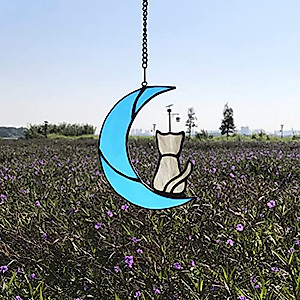 Lcensp Grey Tabby Cat Decor on Blue Moon Stained Glass Window Hangings Cat Memorial Gifts for Cat Lovers, Cat Suncatcher Pet Ornament (Grey Cat on Blue Moon)