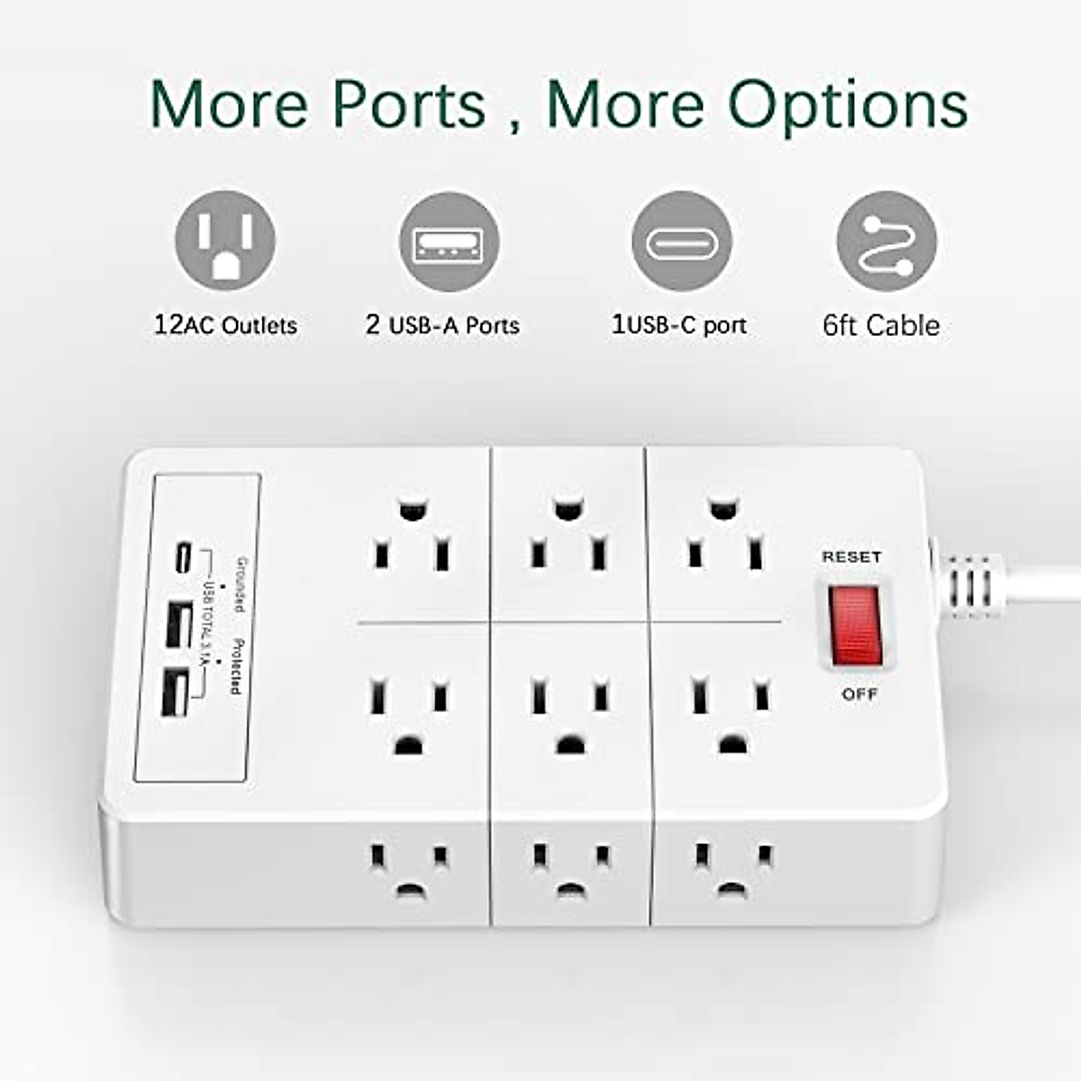 Power Strip with USB C - 12 Widely Outlets with 2 USB Charging Ports+1 USB C Total 3.1 A, 6 ft Long Heavy Duty Extension Cord,Overload Surge Protection, Surge Protector Wall Mount for Home (White)