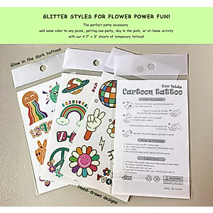 Groovy 70s Temporary Tattoos, Glow in the Dark Styles for Kids,Flower Power & Hippie Stickers,Birthday Party Supplies & Favors for Girls