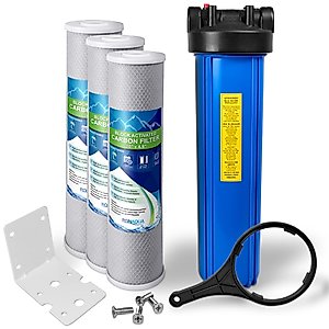 High Capacity 20 x 4.5” Blue Whole House Water Filter Purifier System with Presser Relief Button, 1” Inlet/Outlet Brass Port & Yearly Supply (3) Coconut Shell Activated Block Carbon Cartridges