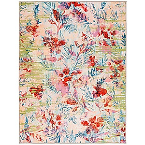 SAFAVIEH Paint Brush Collection Machine Washable Slip Resistant 4'4" x 6' Blue/Blush Pink PTB159M Floral Entryway Living Room Foyer Bedroom Accent Rug