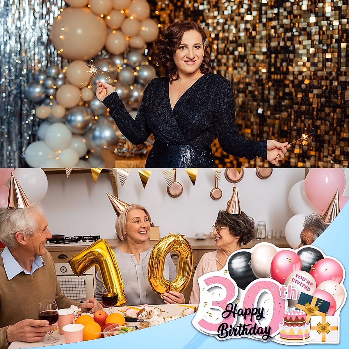 ERHACHAIJIA 20 PCS Pink & Black Golden Balloons & Cake Shaped Fill-In Invitations Cards With Envelopes, Funny 30th Happy Birthday Party 30 Year Old Birthday Invites For Women Lady Wife Mom Adults