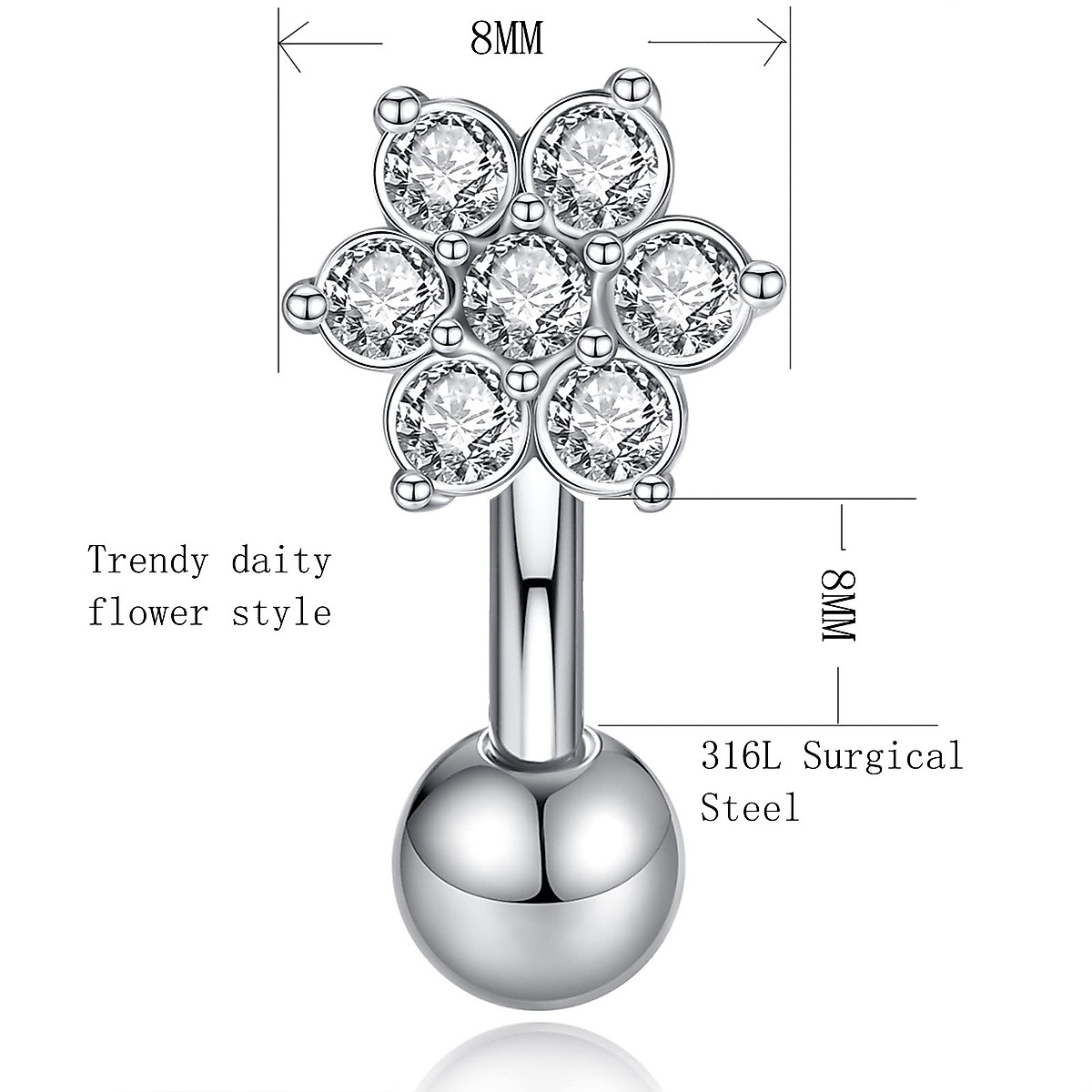 FLYUN CZ Flower Belly Button Ring, 316l Surgical Steel Belly Ring, Reverse Navel Ring, Dainty Small Belly Rings, Belly Piercing Belly Jewelry (8MM, 3PCS-Silver-Clear&Pink&Purple)