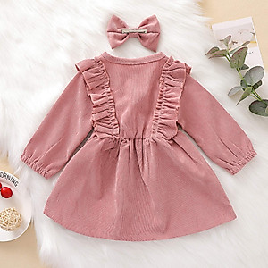 Karuedoo Kids Toddler Baby Girl Corduroy Ruffle Long Sleeve Dress Princess Party Dress Fall Winter Skirt Outfit (A-Pink, 2-3T)