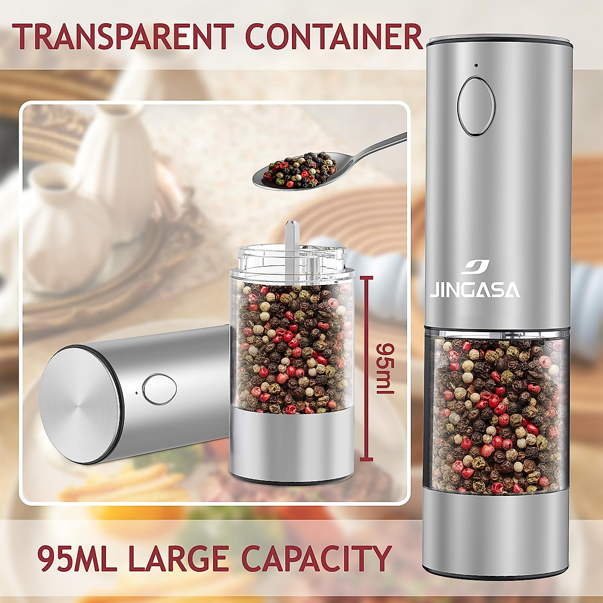 [Upgraded Larger Capacity] Electric Salt and Pepper Grinder Set with USB Charging Base, 95ml Large Capacity, Adjustable Coarseness,Stainless Steel Automatic Pepper Mill with One-Hand Operation, 2 Pack