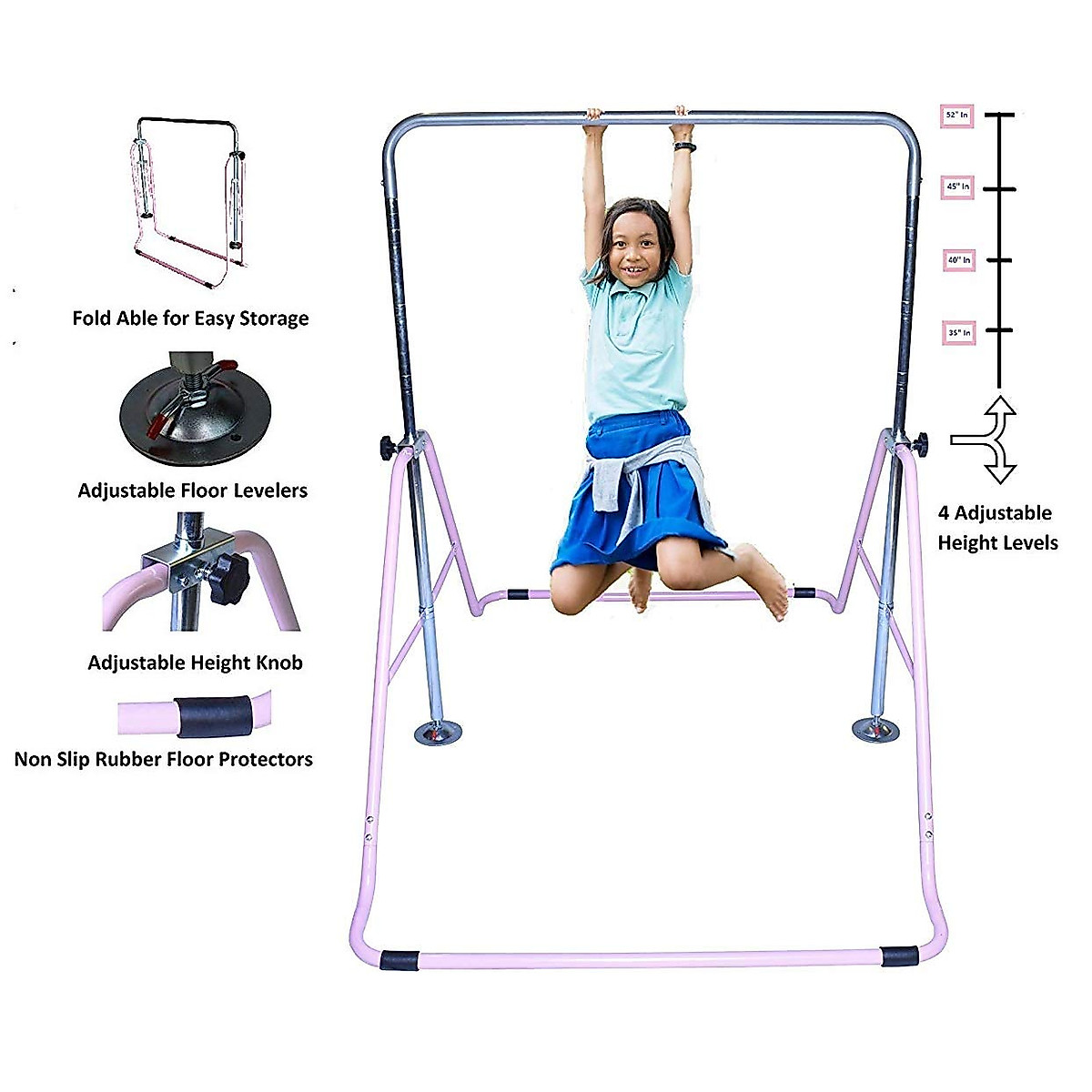 Kids Home Gymnastics Bar Jungle Gym 3 in 1 Set Deluxe Swing Seat, Trapeze Rings, Horizontal Kip Bar Height Adjustable Monkey Bar, Expandable Junior Training Gymnastic Balance Bar, Swing Set (Pink)