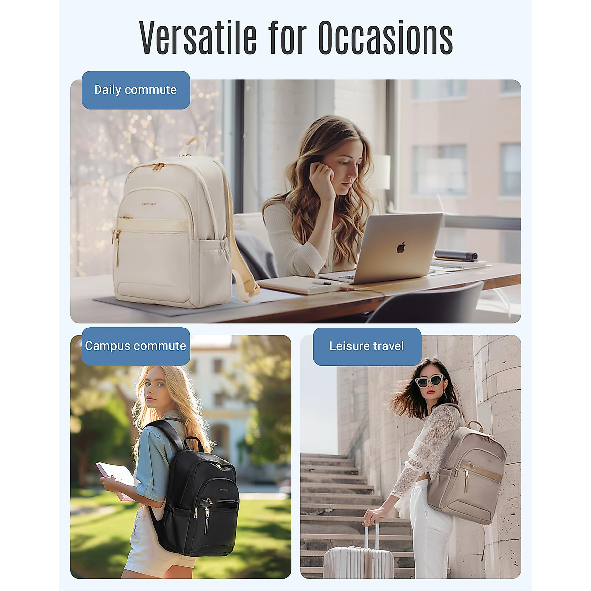 LIGHT FLIGHT Laptop Backpack for Women fits 15.6'' Computer School Backpack with USB Charging Port, for Book Bag Work College Business Travel,Black