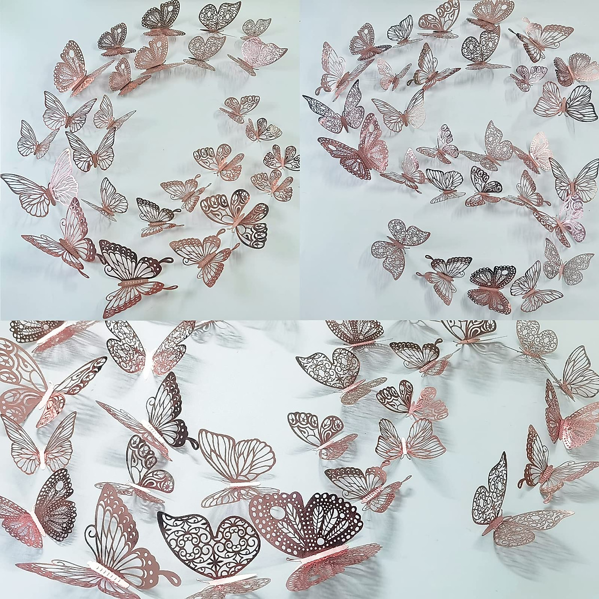 Ewong 60Pcs 3D Butterfly Wall Decal Birthday Cake Party Decoration 5 Style Mural Sticker Art Craft Kid Nursery Classroom Wedding Baby Shower Decorative Girl Bedroom Home Room Office Decor (Rose Gold)