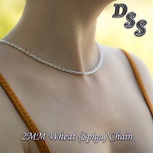925 Sterling Silver Wheat Chain 2mm - Italian Spiga Sterling Silver Necklace Chain with Lobster Claw Clasp, Nickel Free 925 Silver Chain Necklace in lengths from 16-30 Inches
