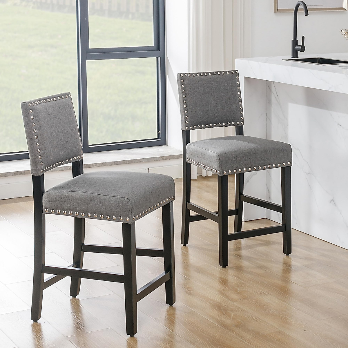 DAGONHIL 24 inch Bar Stools Set of 2, Counter Height Stools, Fabric Upholstered Barstools with Back and Wood Leg, Armless Dining Chairs with Silver Copper Nail for Kitchen Island Pub Living Room(Gray)