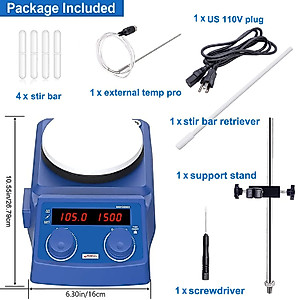 FOUR E'S SCIENTIFIC 280℃/536°F 5 inch Digital Hotplate Magnetic Stirrer Hot Plate Ceramic Coated | 100-1500rpm | 5L | 110V Support Stand Stir Bar Retriever Temp Probe Sensor Stir Bars Included