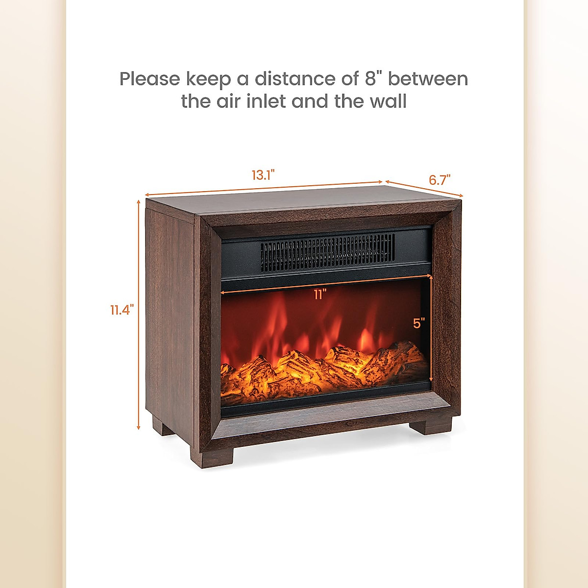 ORALNER Mini Electric Fireplace Heater for Indoor Use, 13 Inch Portable Fireplace Heater with Realistic Flame Effect, Overheat Protection, Compact Space Heater for Bedroom, 750W, Brown