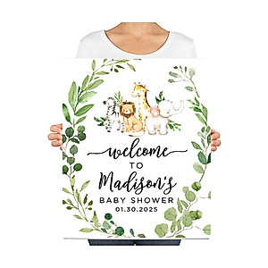 Andaz Press Custom Large Baby Shower Canvas Welcome Sign, 16 x 20 Inches, Baby Safari Animals Leaf Foliage, Guestbook Alternative, Personalized Sign Our Canvas, for Jungle Safari Baby Shower Theme