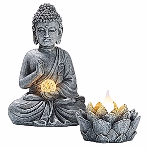 TERESA'S COLLECTIONS Meditating Buddha Statue and Lotus Lantern Garden Statue with Solar Lights, Set of 2 Rustic Buddha Outdoor Statue Spiritual Zen Garden Decor for Patio Porch Yard Decorations