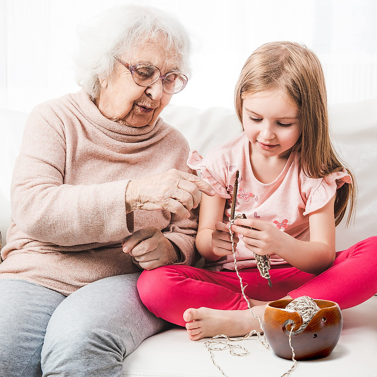 Yarn Bowl large 7 inch by 4 inch with free travel pouch and crochet hooks. Perfect Yarn Holder for Knitting and Crocheting