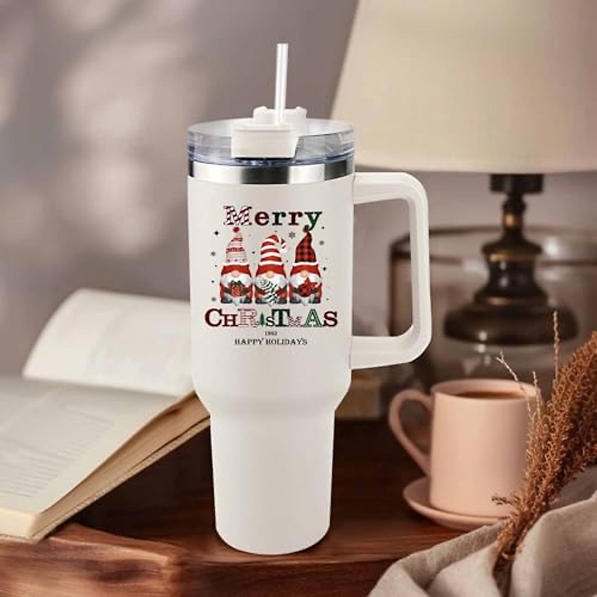 LB LEOBON 40 ounce insulated cup with handle, double-layer vacuum stainless steel material, equipped with straw, can keep warm or maintain cold drinks Christmas Text Gnome white