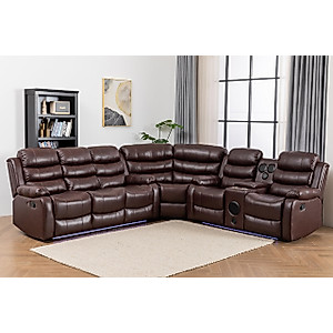 Hybition Faux Leather Living Room Set Modern Reclining Sectional Sofa with LED Light, USB Chargers, Sound System, 4Cup Holders, Hidden Storage, Brown