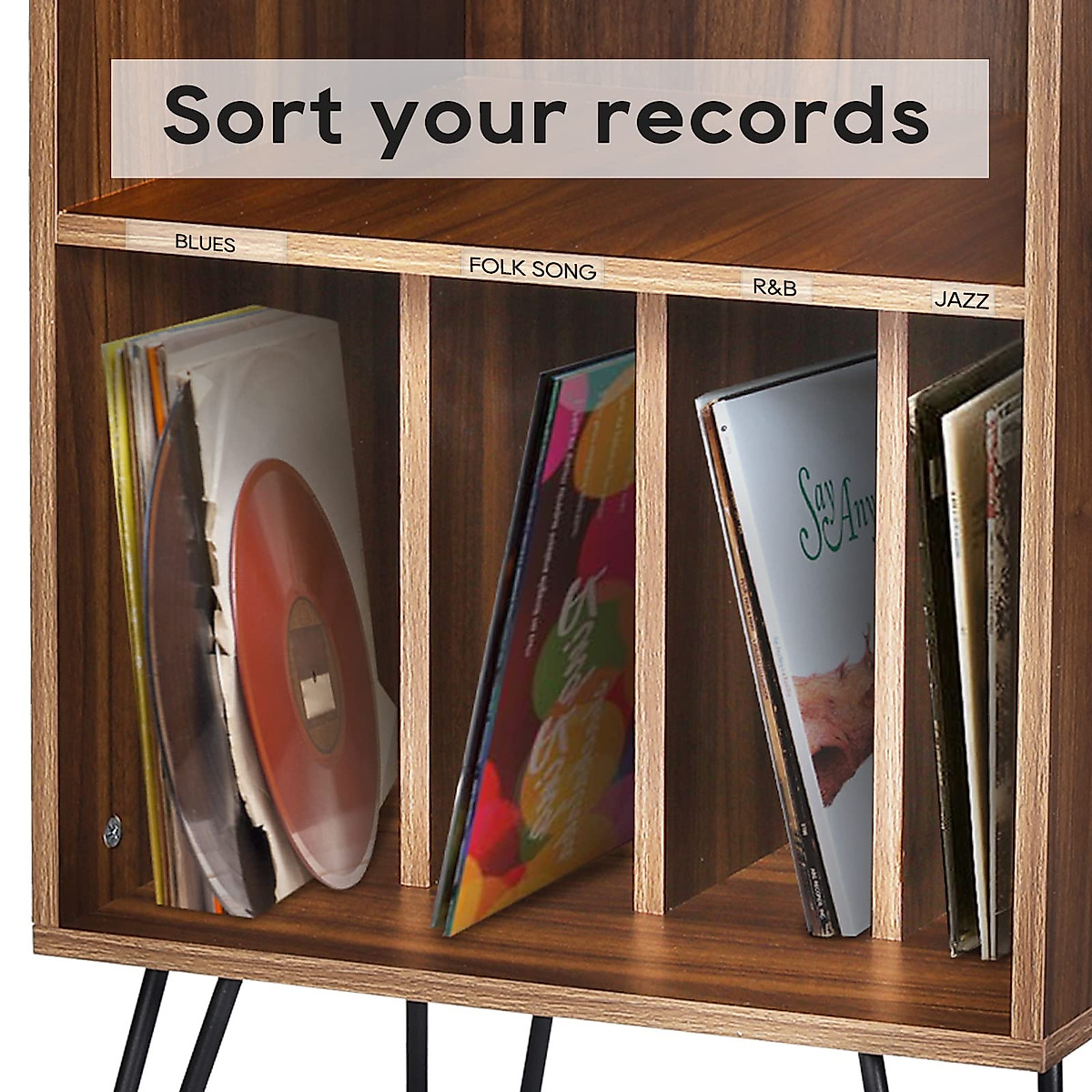 Record Player Stand with Record Storage Vinyl Record Storage Table with Metal Hairpin Legs Turntable Stand Holds Up to 100 Albums for Living Room Bedroom Brown