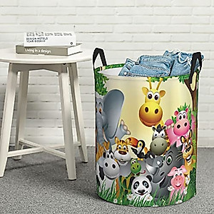 Laundry Basket,Animals In Jungle Elephant Giraffe Panda Bear Pig Lion Hippo Animation Cartoon Art,Large Canvas Fabric Lightweight Storage Basket/Toy Organizer/Dirty Clothes Collapsible Waterproof For College Dorms-Large