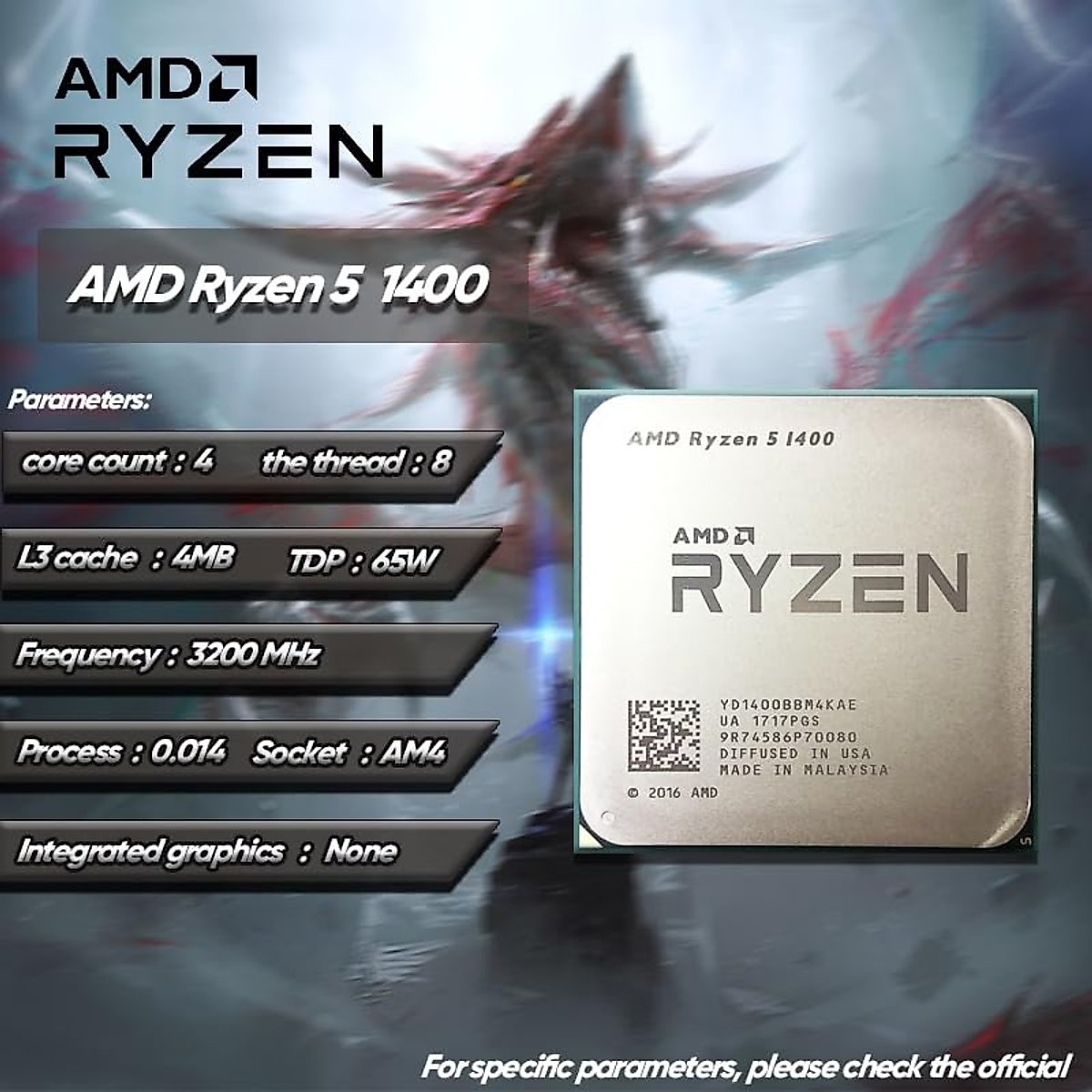 AMD Ryzen 5 1400 CPU Used 4-Core 8-Thread Desktop Processor 3.2 GHz 8M 65W Socket AM4