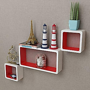 FAMIROSA 3PCS Floating Wall Display Shelves Book DVD Storage Cubes MDF Wall Mounted Collectables Bookshelf for Living Room Office Decor Furniture White-Red