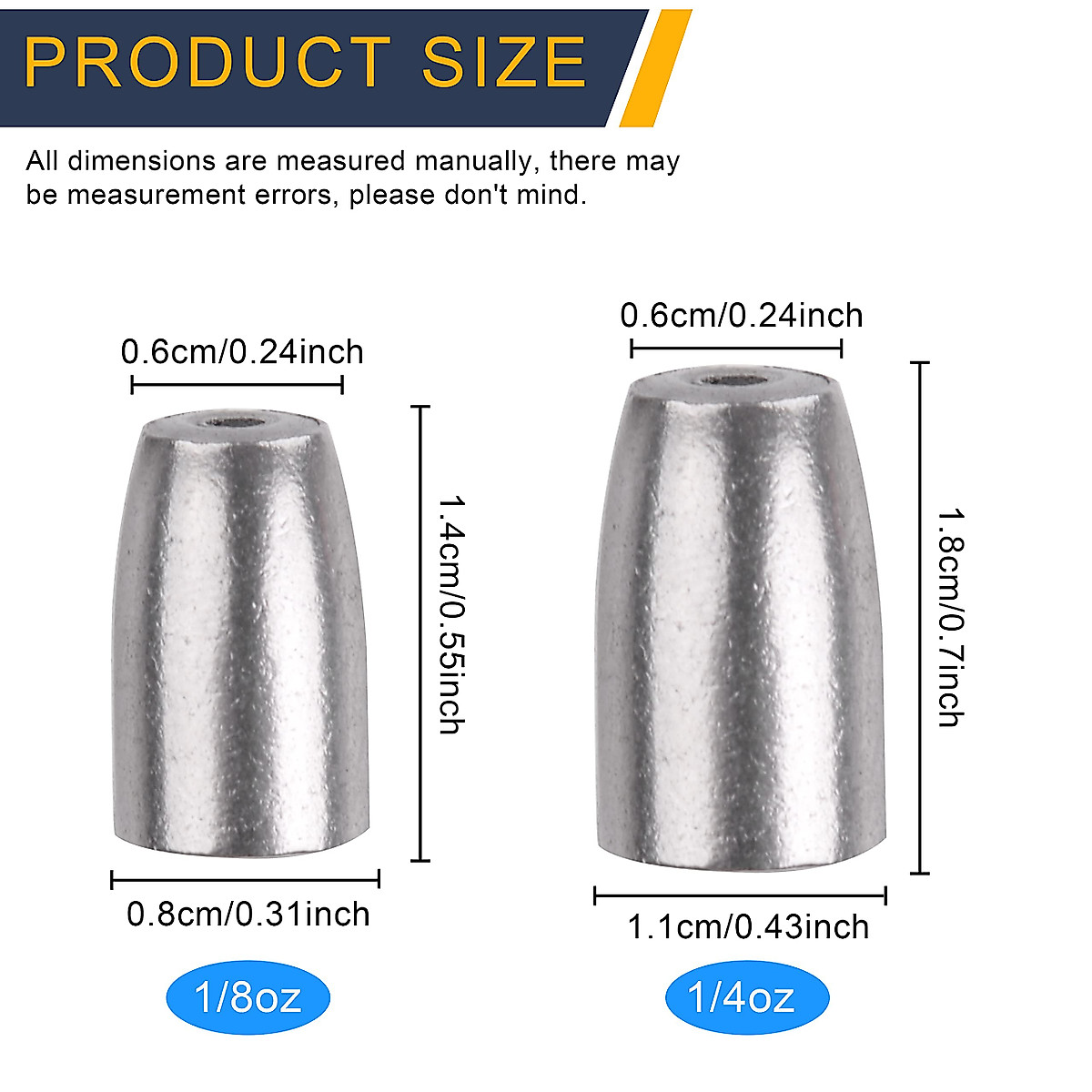 Fishing Weights Sinker Bullet Fishing Sinkers, 24pcs Worm Weights Slip Sinkers Iron Fishing Weights Sinkers for Bass Fishing Pitching and Flipping Texas Rigs Saltwater Freshwater Fishing Tackle