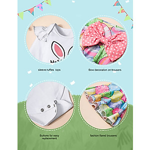 KANGKANG Easter Outfit Baby Girl 12 month Girl Clothes Rabbit Print Romper Flared Pants Pair of Hair Clips
