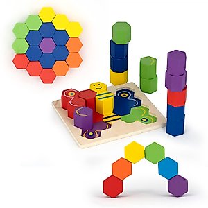 Hexablox Toddler Puzzles 17pcs - Wooden Stacking Blocks - Montessori Wooden Toddler Toys for 1+ Year Old Boys Girls - Multi Use Toy, Color Sorting Toys for Toddlers 1-3, Building Blocks - Butterfly