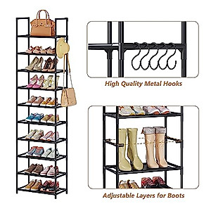 WOKKOW 10 Tiers Tall Shoe Rack for Closet Entryway 20-25 Pairs Shoe Closet Organizers and Storage Free Standing Shoe Shelf Shoe Storage with Hooks