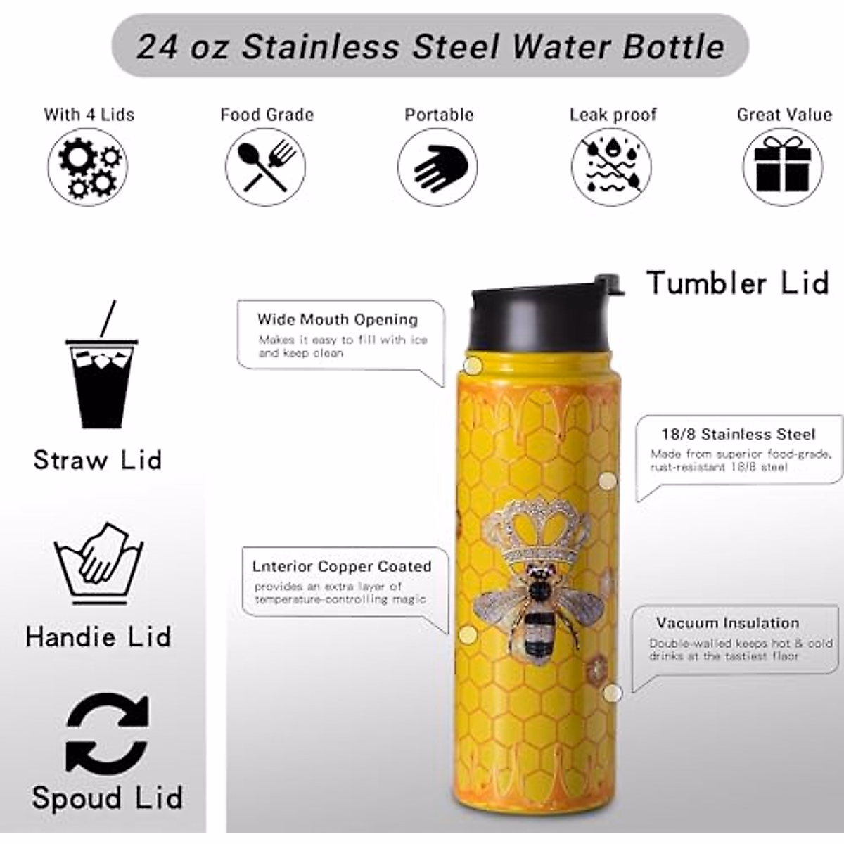 Weboia 24 oz Queen Bee Water Bottles 4 Lids For School With Straw,Hoeny Bee Insulated Metal Water Bottle Birthday Gifts For Women Ideas,Gifts For Girlfriend Daughter
