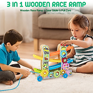 Wooden Race Track for Toddlers, 3 in 1 Wooden Car Ramp with 4 Mini Racer Cars and 8 Turnable Gears. Educational Montessori Toys for 2 3 4 5 Year Old Boys Girls