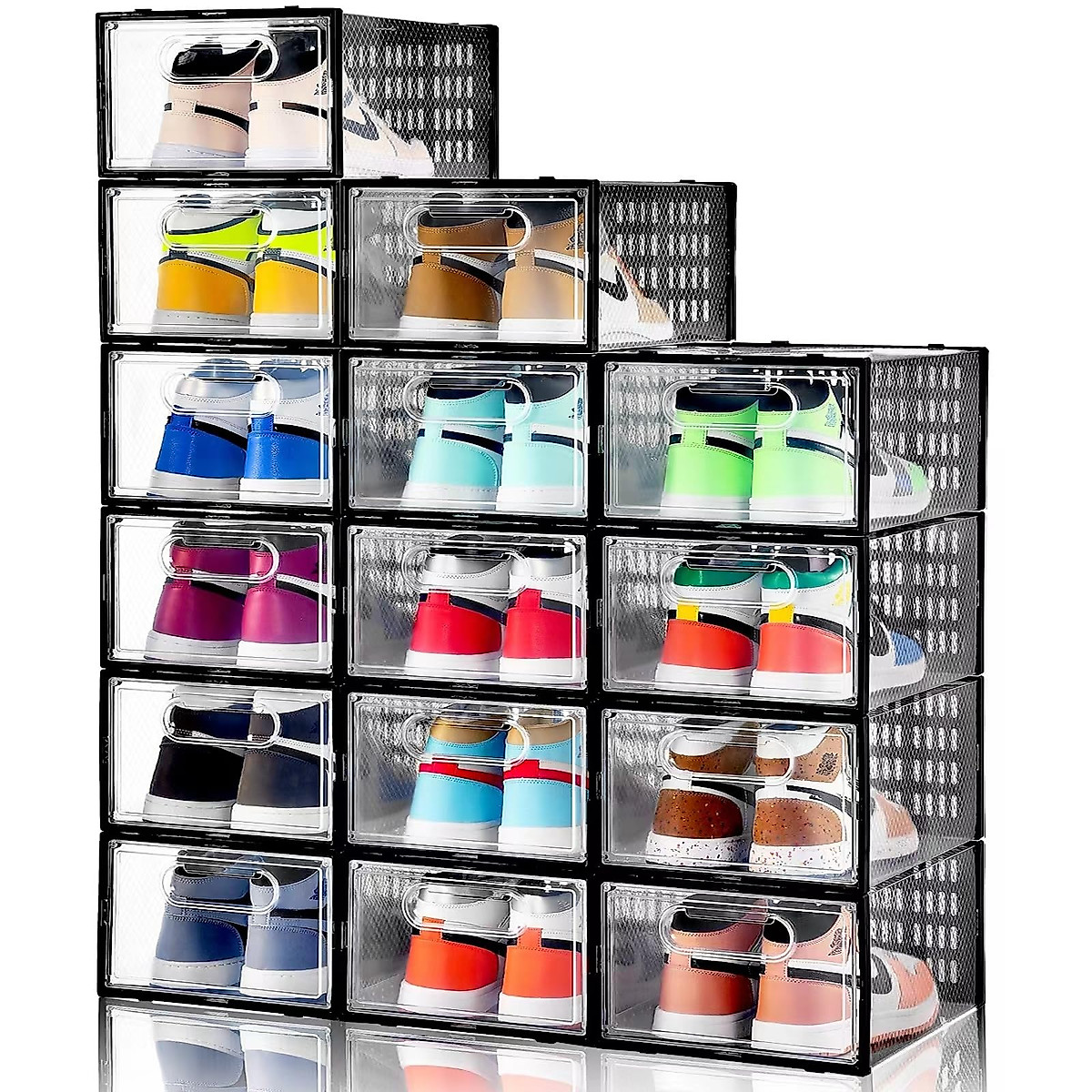 Clemate 15 Pack Shoe Storage Boxes, Clear Plastic Stackable Shoe Organizer for Closet, Shoe Box with Magnetic Door, Foldable Shoe Storage Bin, Sneaker Storage Box Shoe Rack Container Holder