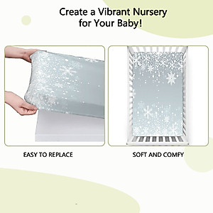 Snowflake Themed Fitted Crib Sheet,Standard Crib Mattress Fitted Sheet Soft Toddler Mattress Sheet Fitted -Baby Sheet for Boys Girls,52 x 28 Inch,Pale Blue Grey and White