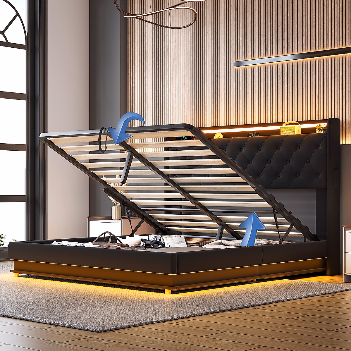 Ailisite Lift Up Storage Bed Queen with Headboard and Storage, Black Upholstered Storage Bed with Wingback Tufted Headboard, Led Queen Size Bed Frame with Charging Station, No Box Spring Needed
