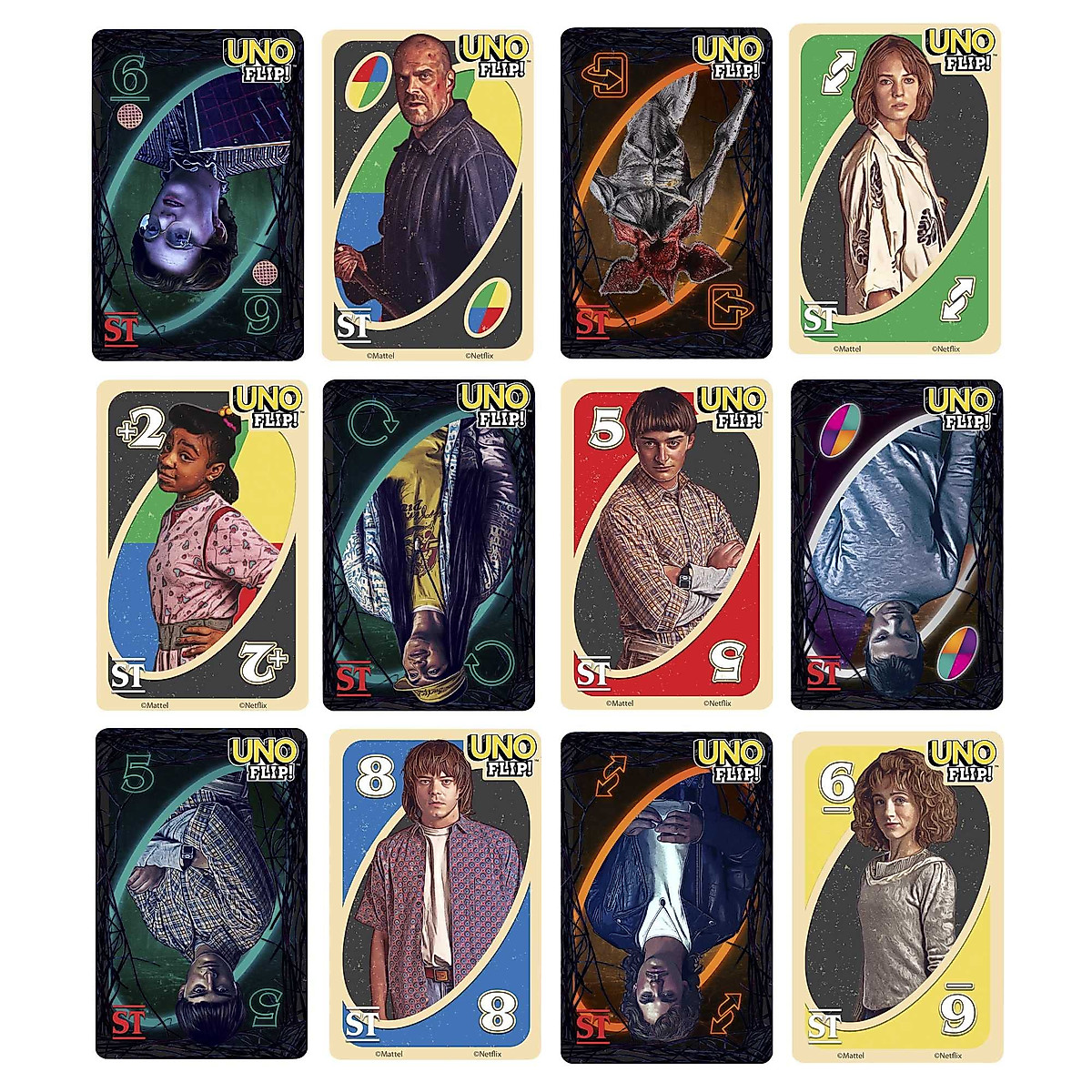 Mattel Games UNO Flip! Stranger Things Card Game for Adults & Teens with Double-Sided Cards, Real World Vs. Upside Down