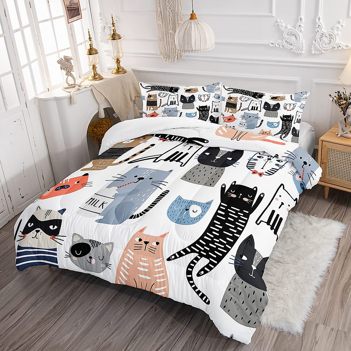 CVHOUSE Cat Bedding,Cartoon Cat Comforter Full,Animals Print Comforter Set for Kids,Kawaii Quilt Set with 1 Comforter and 2 Pillow Cases