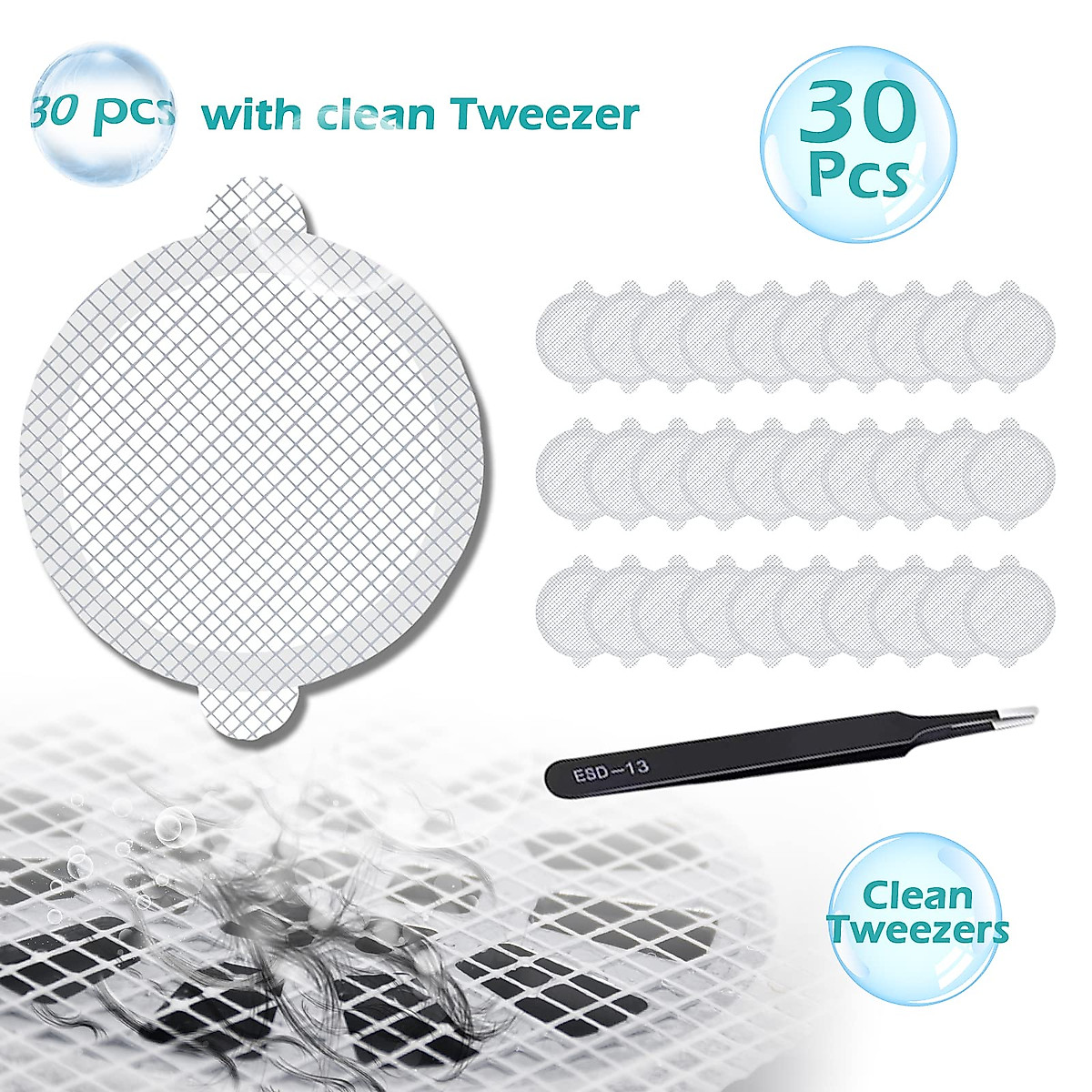 Disposable Shower Drain Hair Catcher Stickers, 30 PCS Mesh Stickers 4.3'' with Clean Tweezers, Shower Drain Stickers Not Rot Anti-Blockage